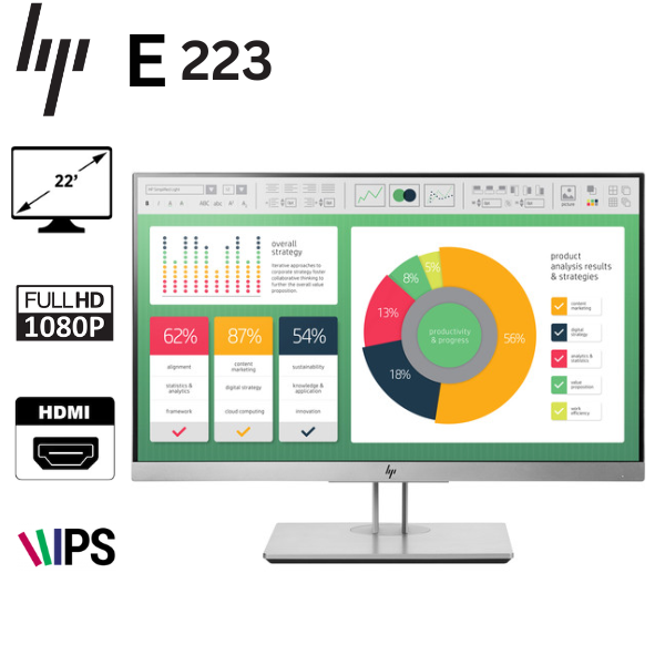مانیتور استوک HP E223 سایز 22 اینچ FHD W-LED IPS HDMI 5ms